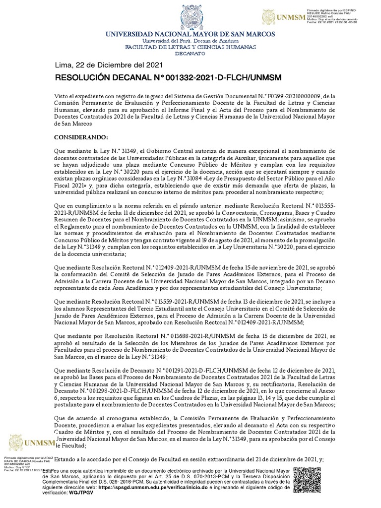Resolución Decanal 001332 2021 D FLCH | PDF | Gobierno