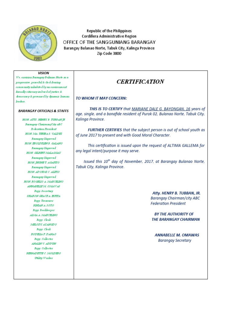 Barangay Certification for Out-of-School Youth | PDF