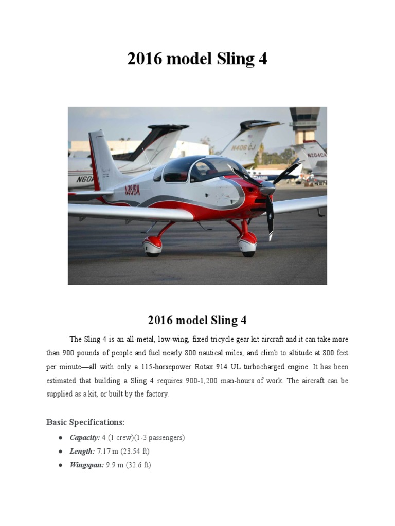 2016 Model Sling 4-Basic Specifications | PDF | Airspeed | Horsepower