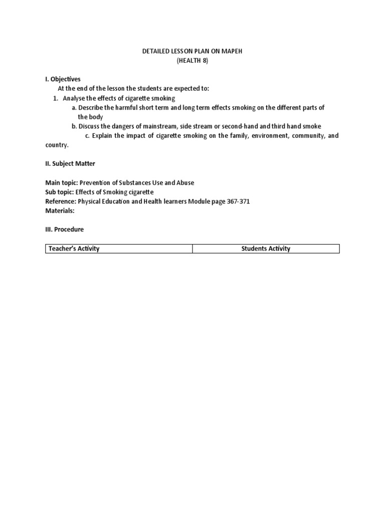 Cigarette Smoking Effects Lesson Plan | PDF | Addiction | Tobacco Smoking