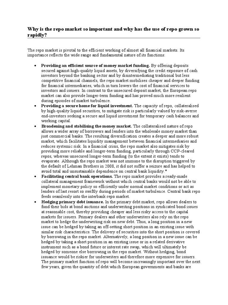 Role and Uses of Repo | PDF | Repurchase Agreement | Bonds (Finance)