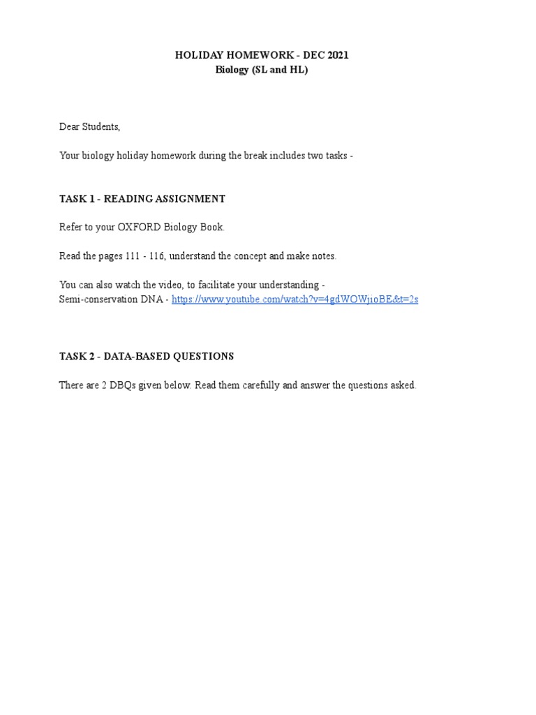 Holiday Homework - Dec 2021 Biology (SL and HL) | PDF