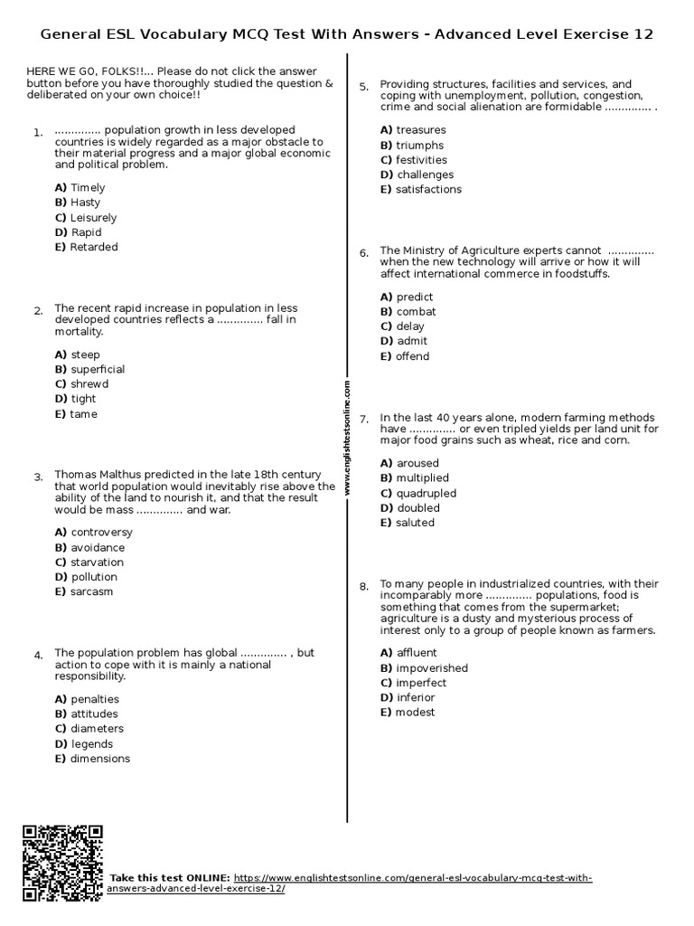 General ESL Vocabulary MCQ Test With Answers - Advanced Level Exercise ...