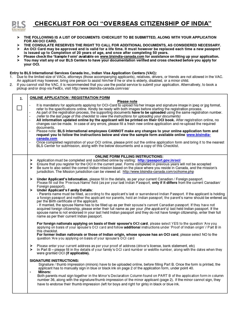 Checklist For Oci "Overseas Citizenship of India" | PDF | Government ...
