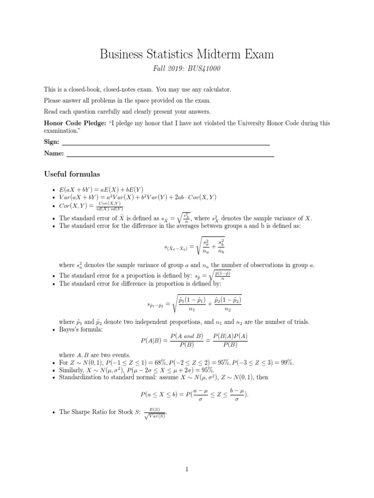 Business Statistics Midterm Exam: Fall 2019: BUS41000 | PDF | Confidence Interval | Standard ...