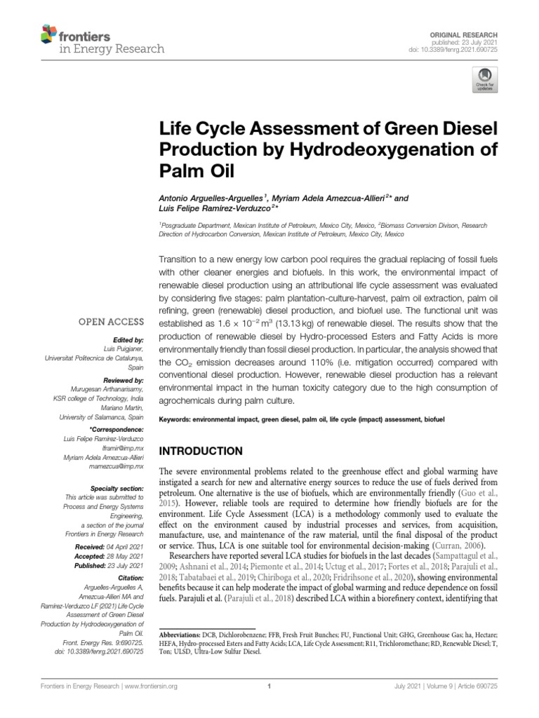 Fenrg-09-690725 LCA Palm HVO | PDF | Biofuel | Life Cycle Assessment