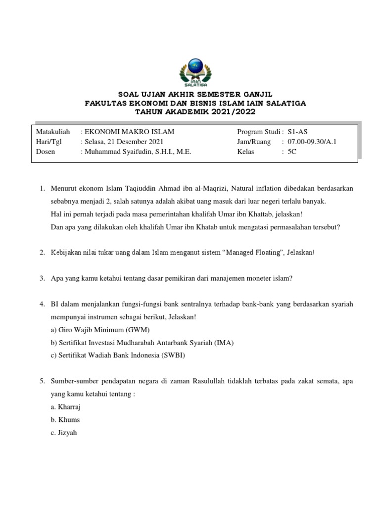Soal UAS Ekonomi Makro Islam 5C AKS 2020 1 | PDF