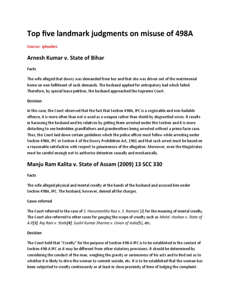 Top Five Landmark Judgments On Misuse of 498A | PDF | Bail | Social Institutions