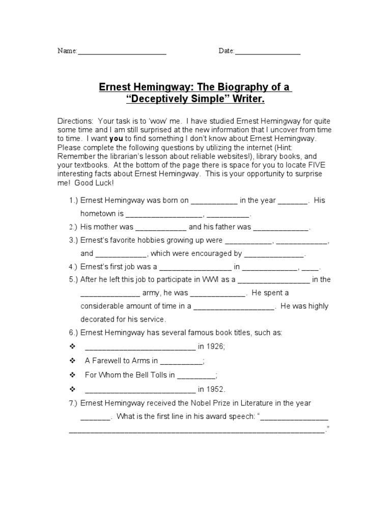 Hemingway Biography Research Task | PDF | Ernest Hemingway