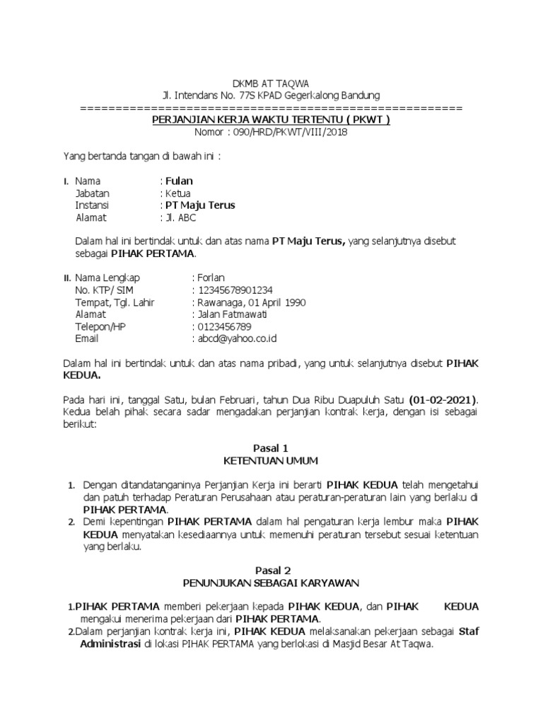 Surat Perjanjian Kerja Waktu Tertentu PKWT | PDF