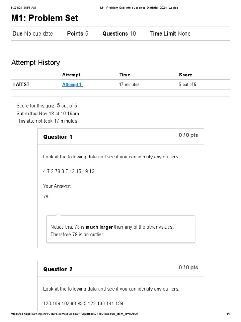 M1 - Problem Set - Introduction To Statistics-2021 - Lagios | PDF | Statistics | Outlier
