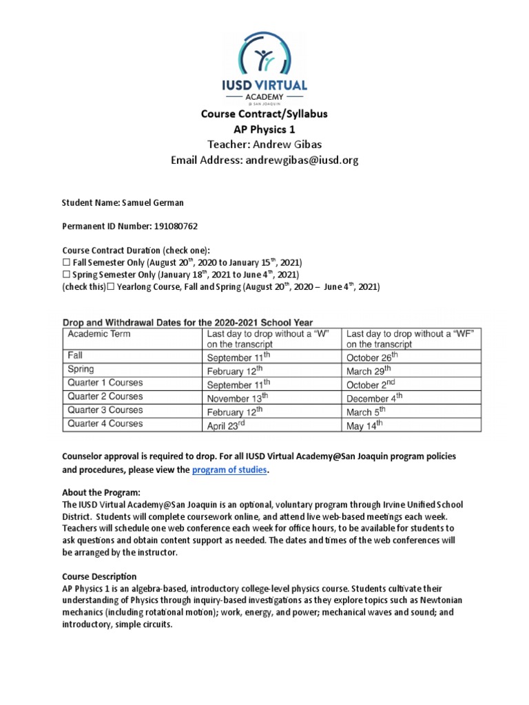 AP Physics 1 Course Contract | PDF | Science | Theory