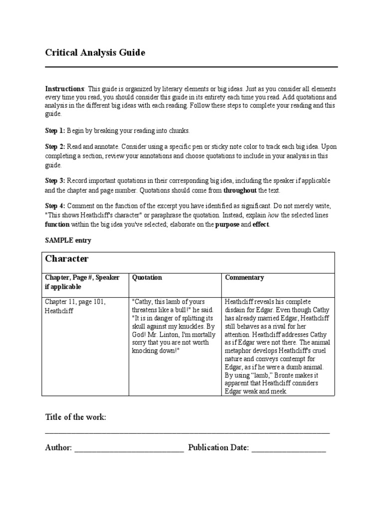 Critical Analysis Guide | PDF | Narration | Heathcliff (Wuthering Heights)