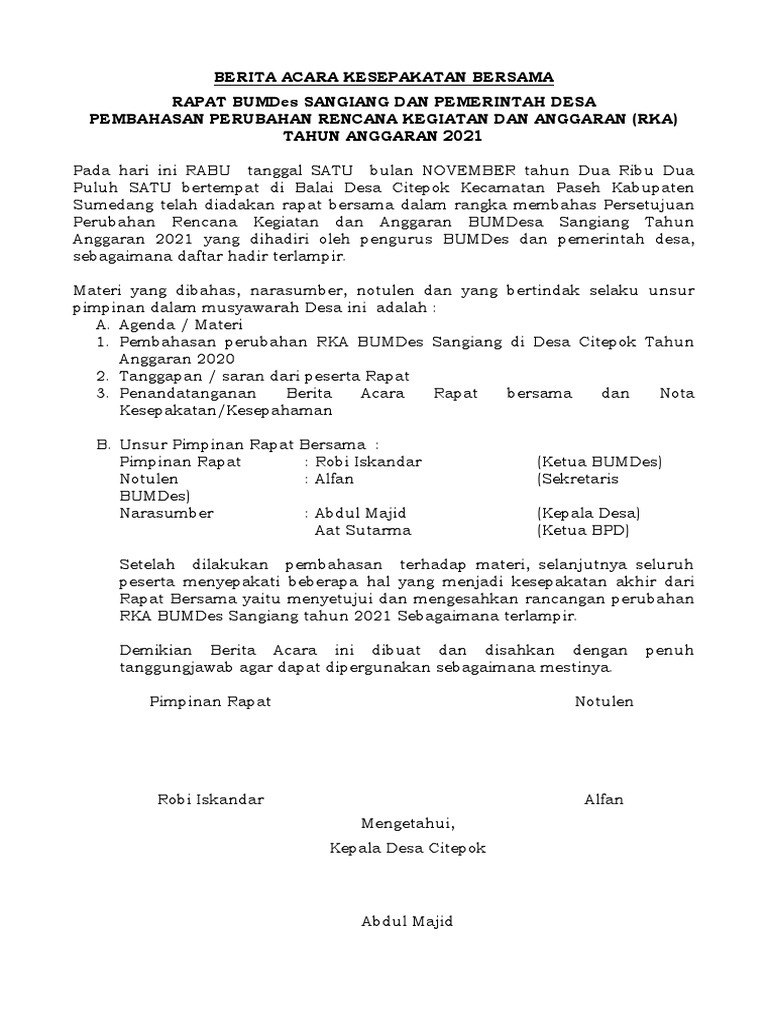 Berita Acara Perubahan Rka 2021 | PDF