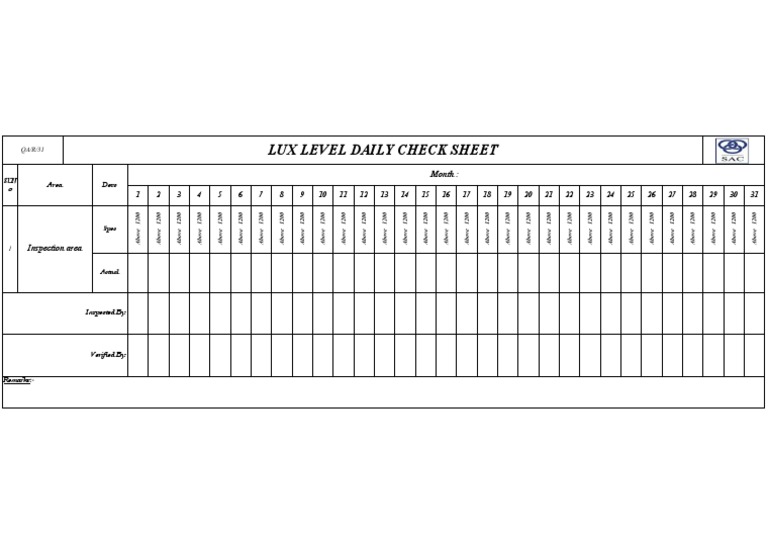 Lux Level Daily Check Sheet: Month | PDF