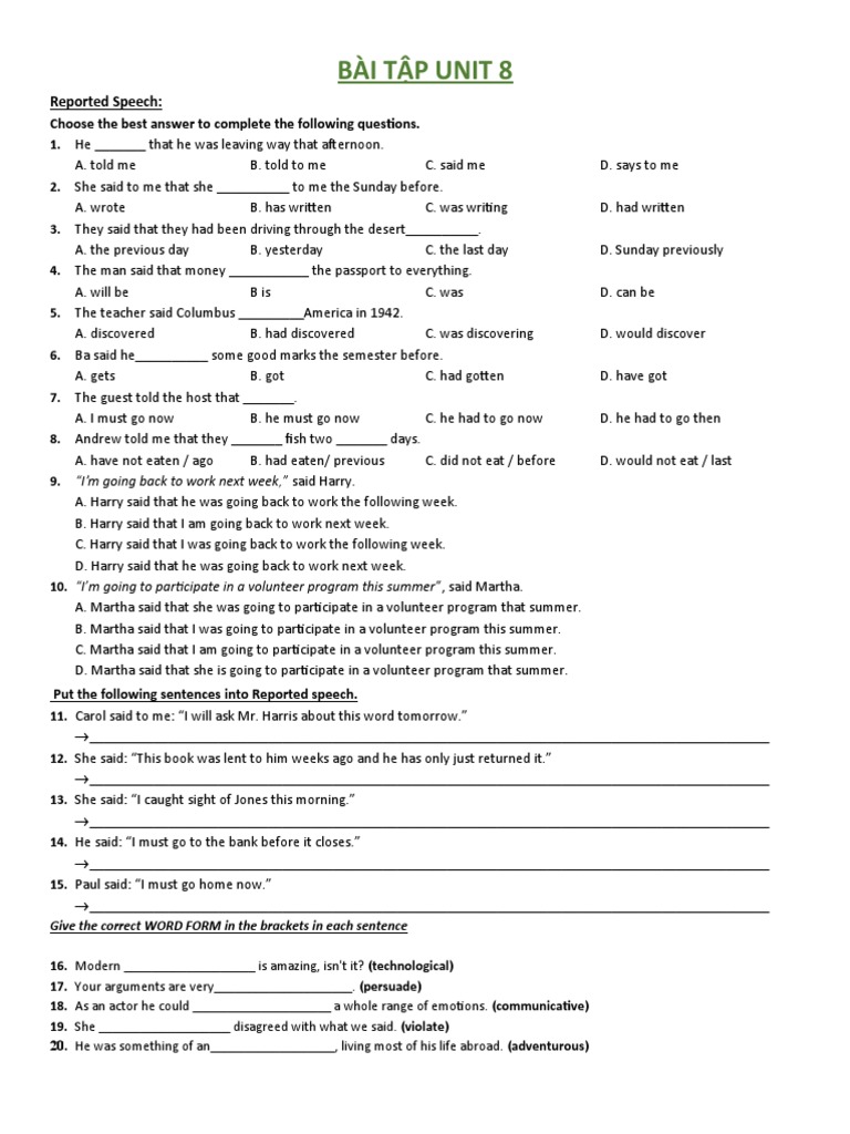 Bài Tập Unit 8: Reported Speech | PDF