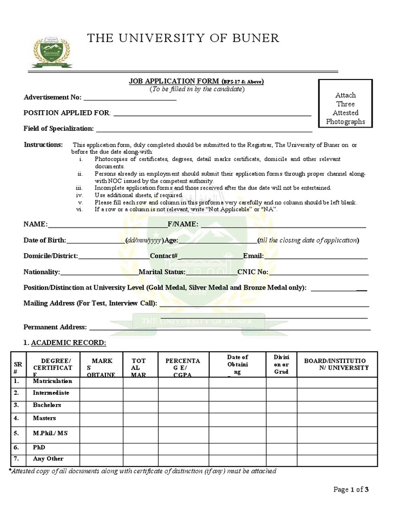 The University of Buner: (To Be Filled in by The Candidate) | PDF