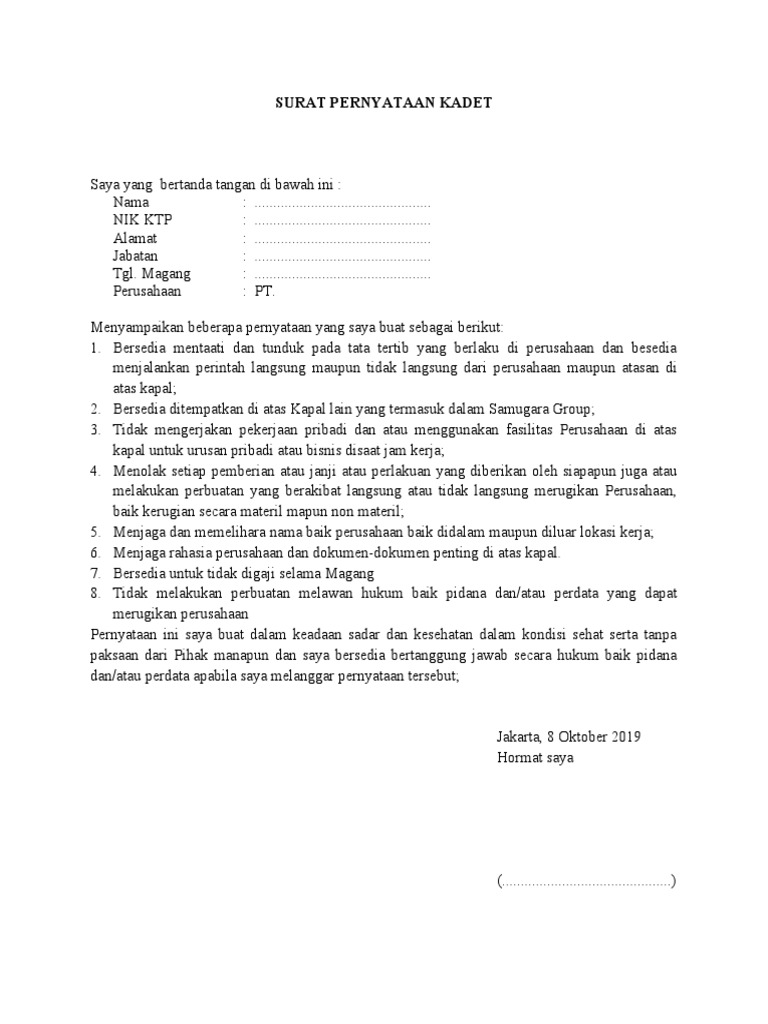 Format Baku SURAT PERNYATAAN KADET | PDF