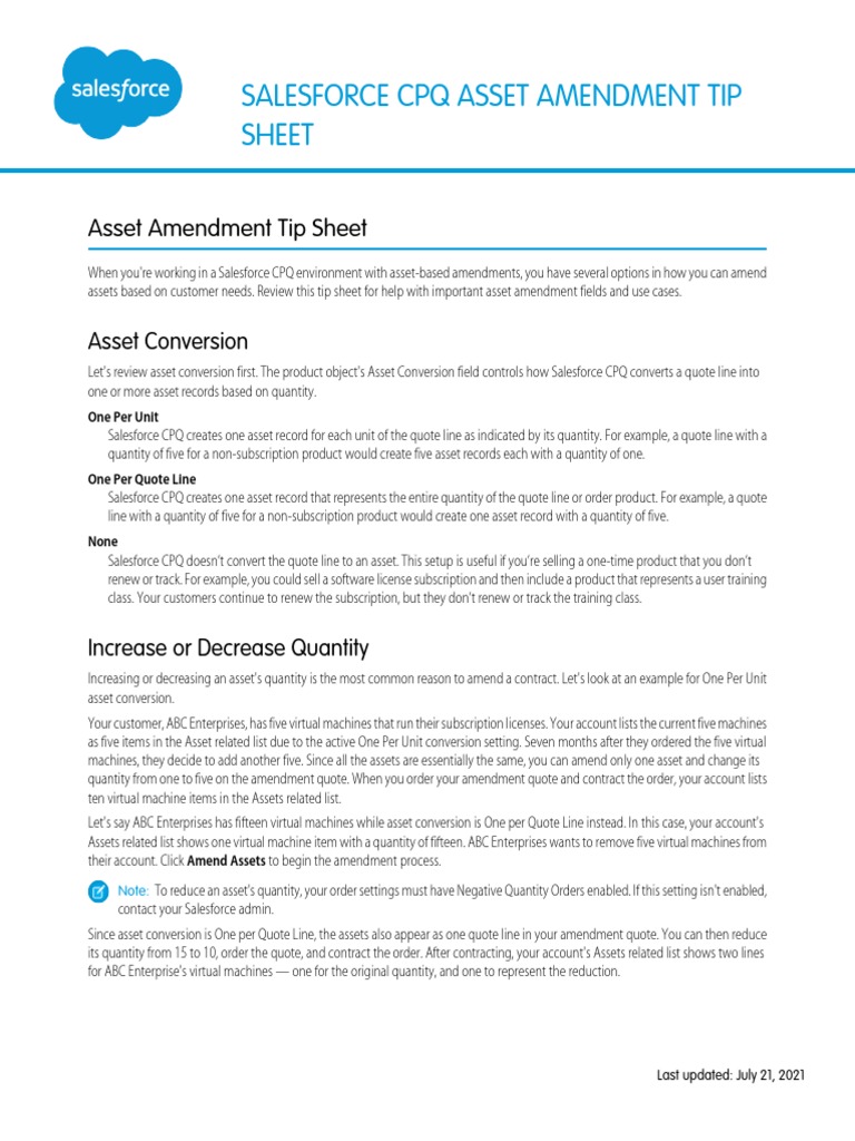 Salesforce CPQ Asset Amendment Tip Sheet | PDF | Subscription Business ...
