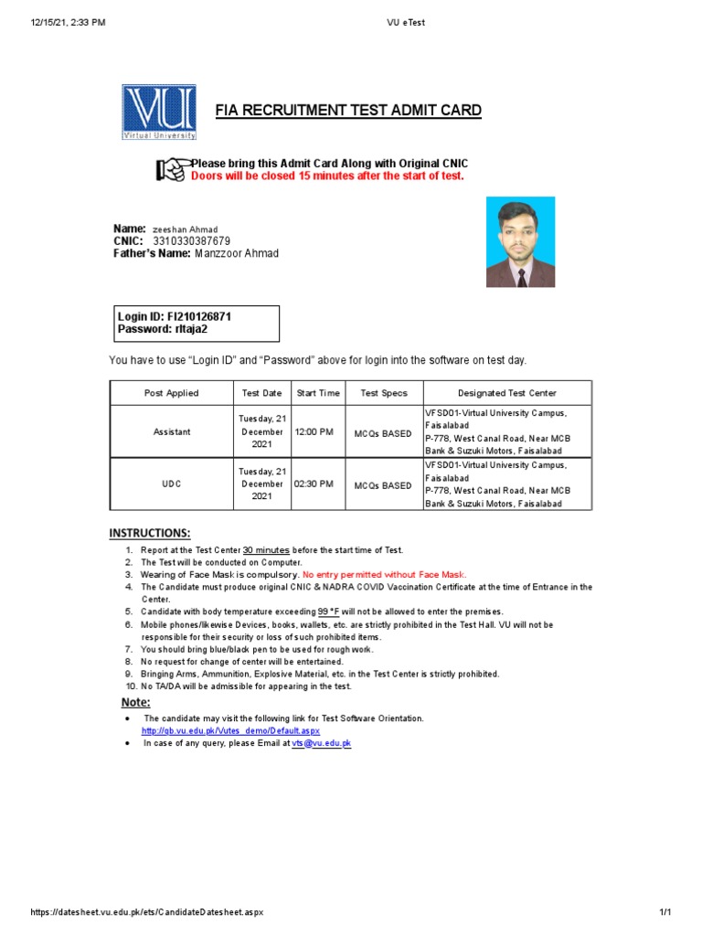 Fia Recruitment Test Admit Card: Please Bring This Admit Card Along ...