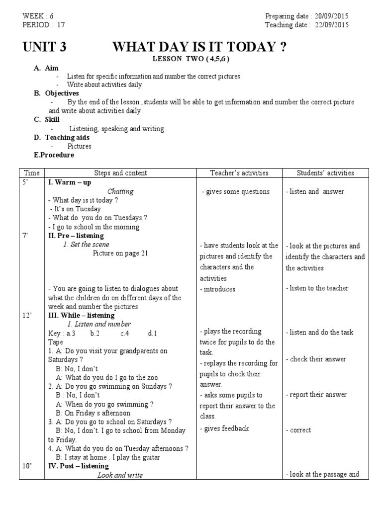 Unit 3 What Day Is It Today ?: LESSON TWO (4,5,6) A. Aim B. Objectives ...