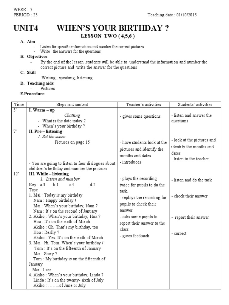 Unit4 When'S Your Birthday ?: LESSON TWO (4,5,6) | PDF | Teachers ...