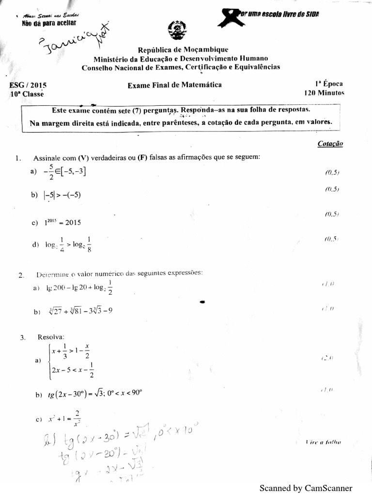 Exame de Matemática 10 Classe 1 Época 2015 | PDF