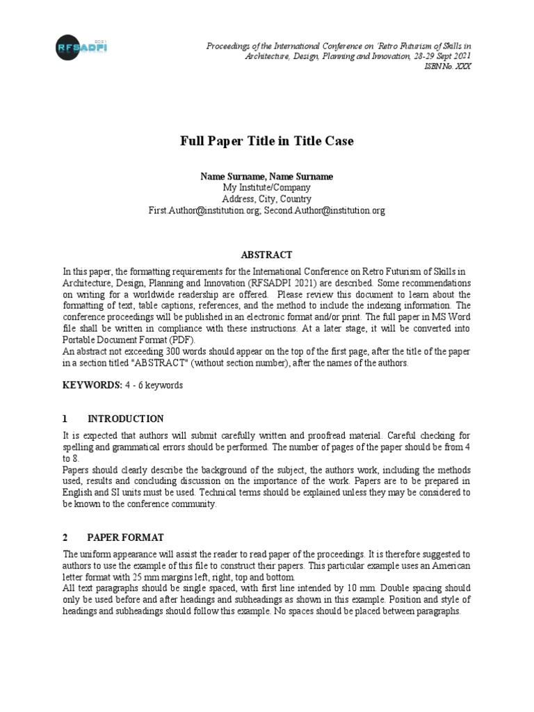 Full Paper Title in Title Case: Name Surname, Name Surname | PDF ...