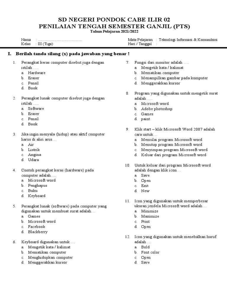 TIK Kelas 3 PTS | PDF