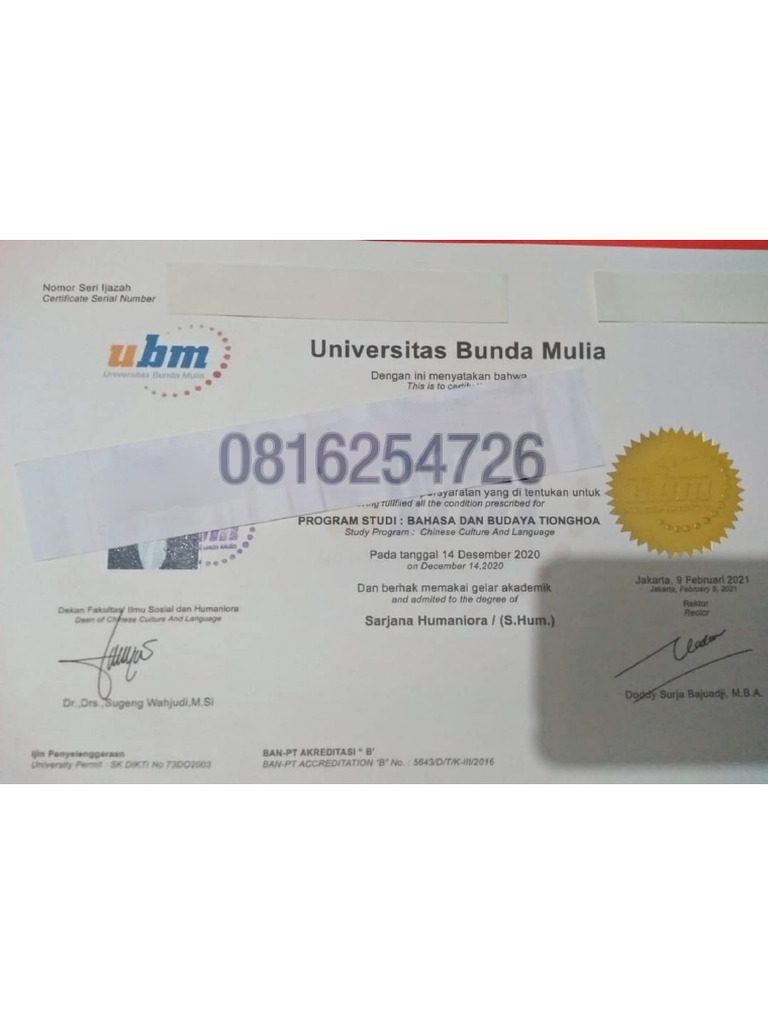 Contoh Ijazah Universitas Bunda Mulia | PDF