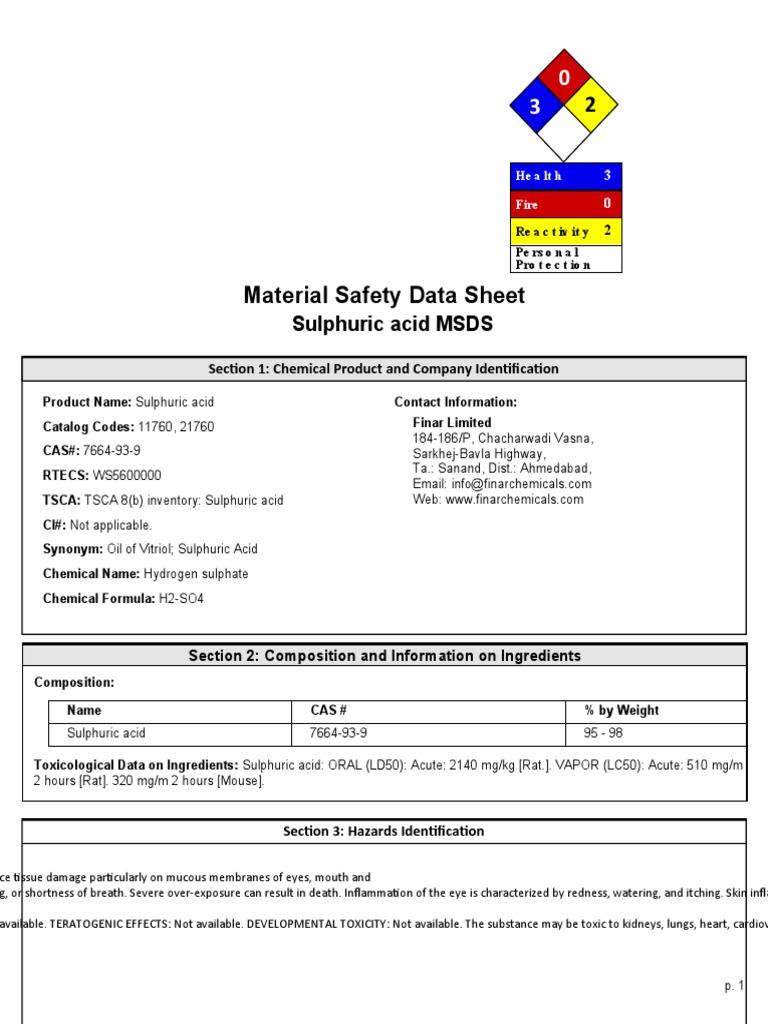 Sulphuric Acid MSDS: Section 1: Chemical Product and Company ...