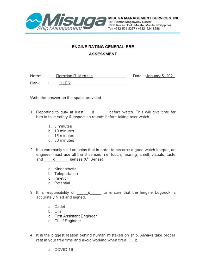 Engine Rating Assessment Questions | PDF | Fuel Oil