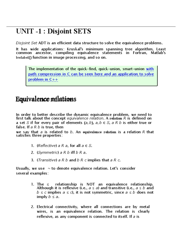 UNIT - 1: Disjoint SETS: Equivalence Relations | PDF | Applied Mathematics | Computing