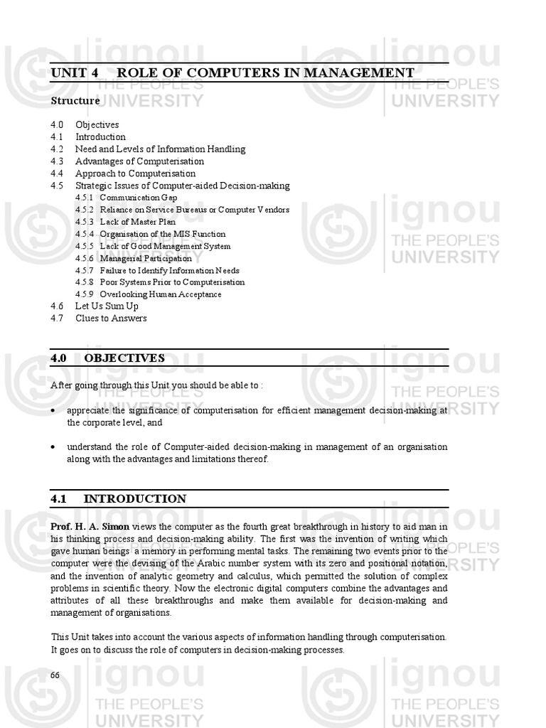 Unit 4 Role of Computers in Management: Structure | PDF | Information ...
