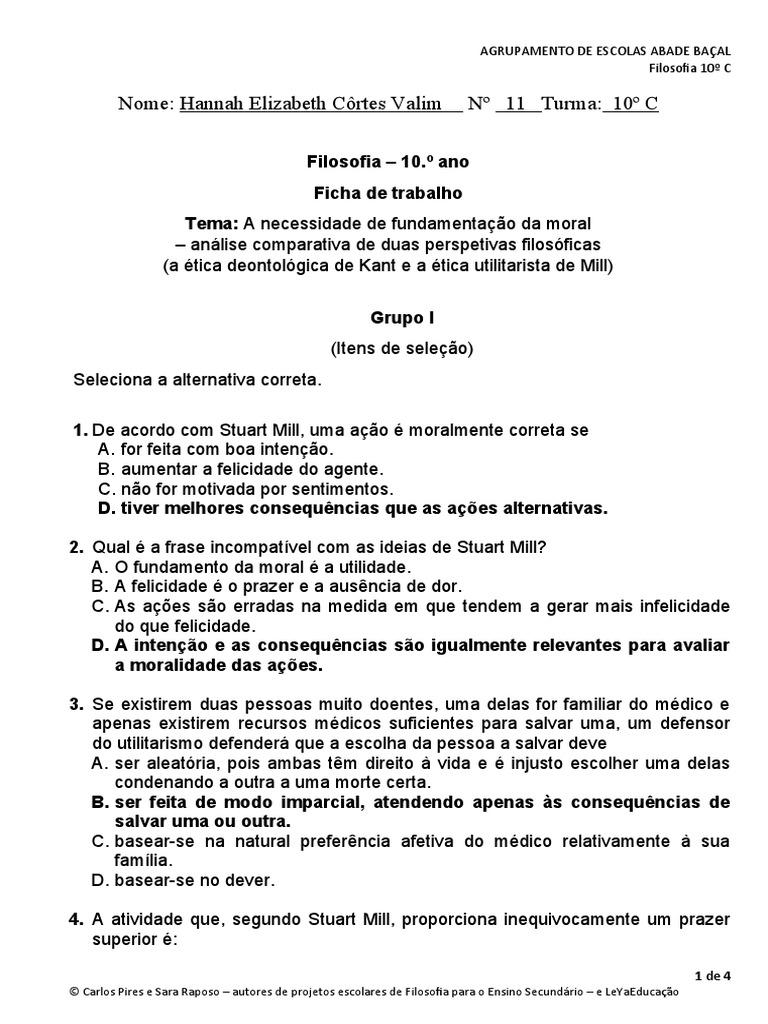 Ficha de Trabalho Kant e Mill | PDF | Utilitarismo | Moralidade