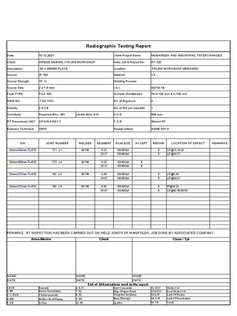 Radiographic Testing Report: Aries Marine Client Class / Tpi | PDF ...