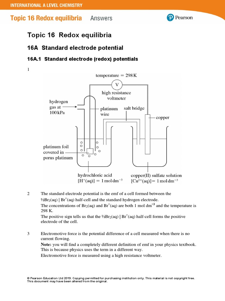 Topic 16 Redox Equilibria: 16A Standard Electrode Potential | PDF ...
