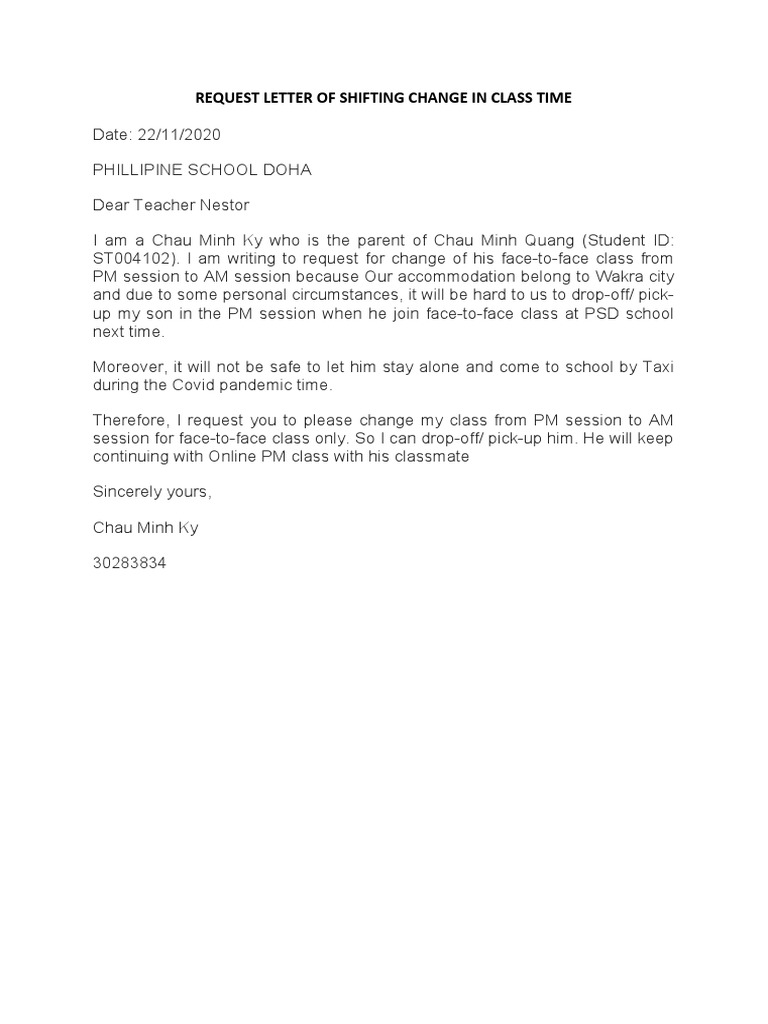 Request for Class Time Change to AM | PDF