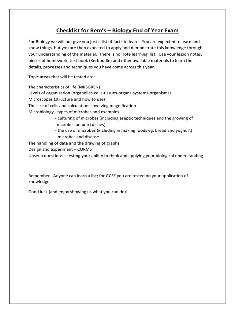 Checklist For Rem's - Biology End of Year Exam | PDF | Wellness ...