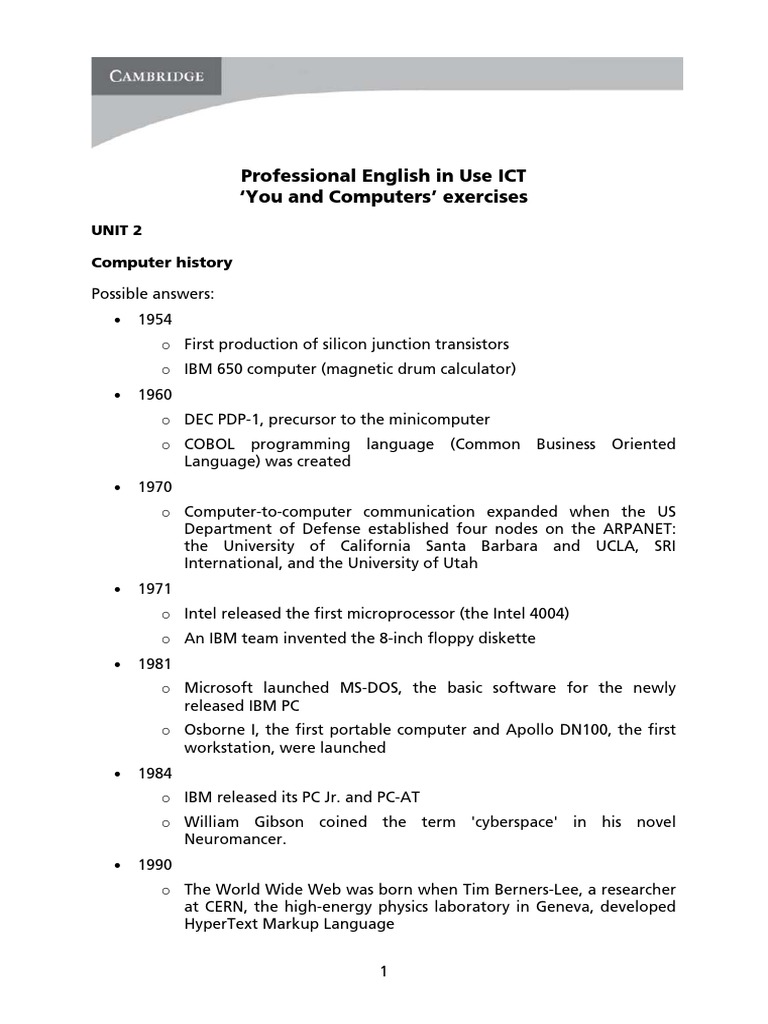 Professional English in Use ICT You and Computers Answer Keys | PDF ...