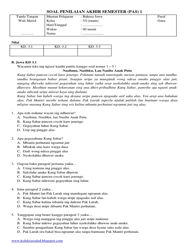 Soal Pas B. Jawa Kelas 6 Semester 1 | PDF