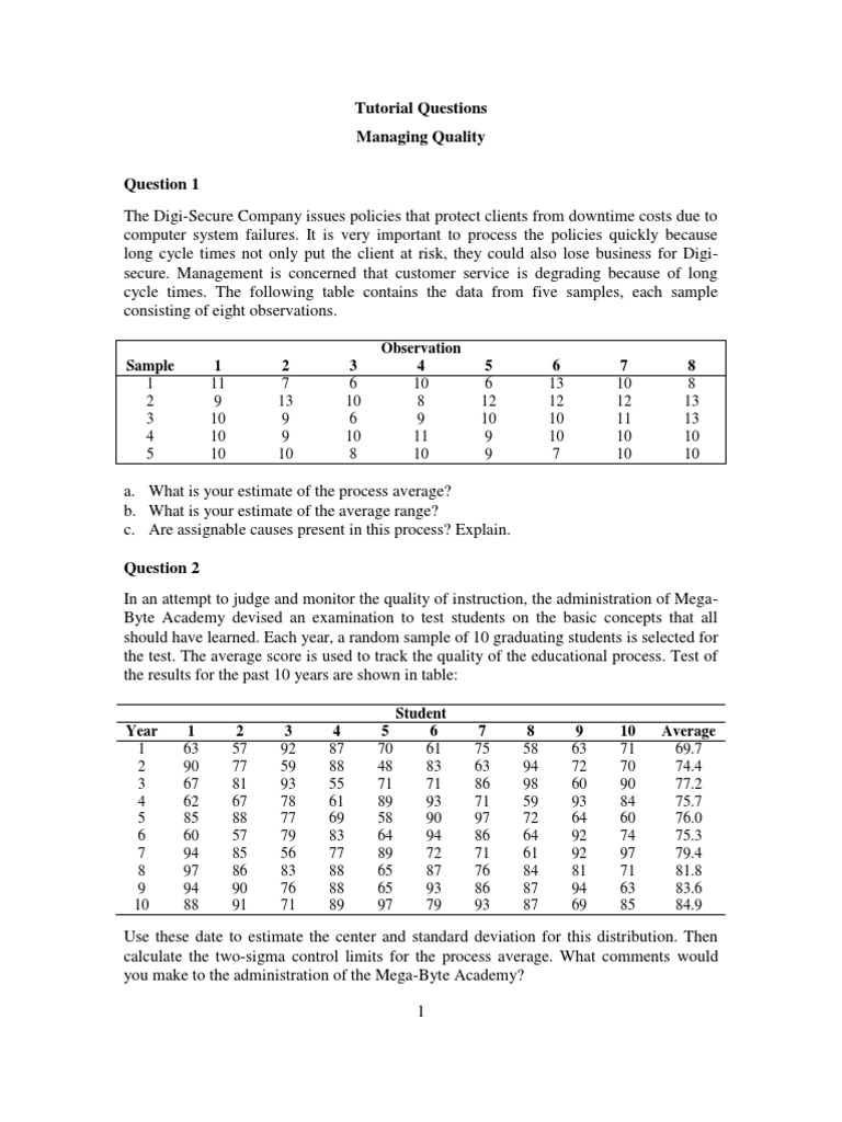 Tutorial Questions Managing Quality: Observation Sample 1 2 3 4 5 6 7 8 ...