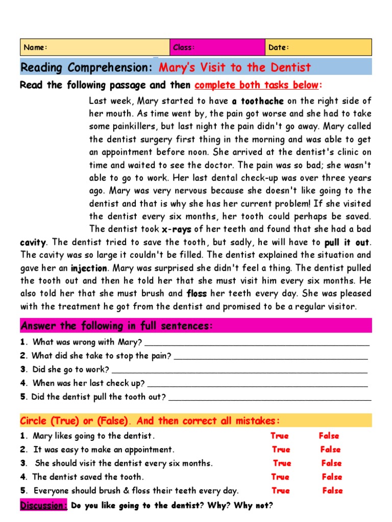 Reading Comprehension Marys Visit To The Dentist Reading Comprehension ...