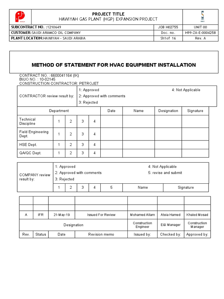 Method Statement For Hvac Equipments Installation | PDF | Duct (Flow) | Crane (Machine)