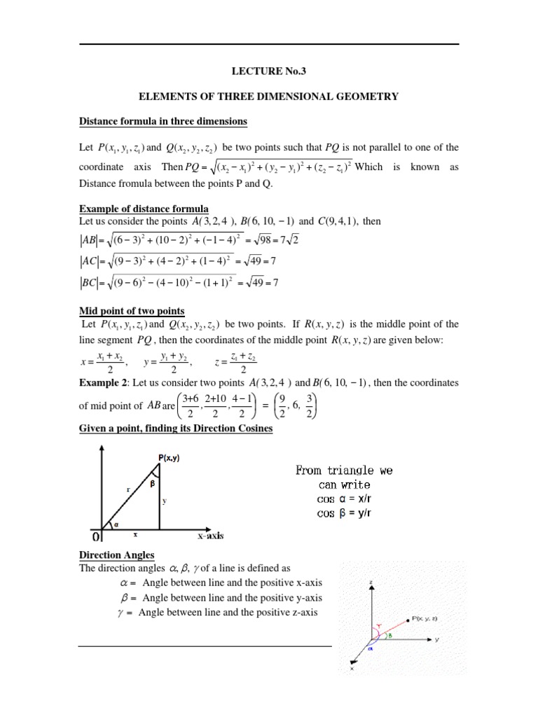Lecture No.3 Elements of Three Dimensional Geometry Distance Formula in Three Dimensions | PDF ...