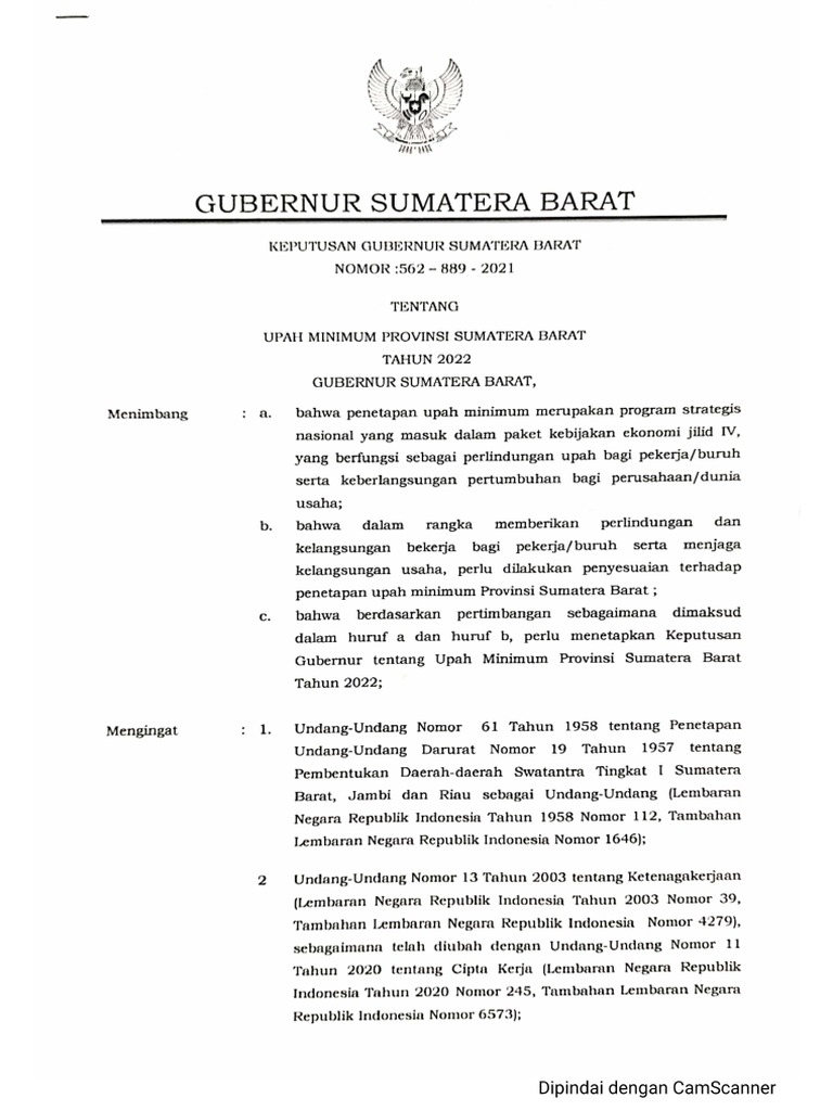 SK UMP Sumatera Barat Tahun 2022 | PDF