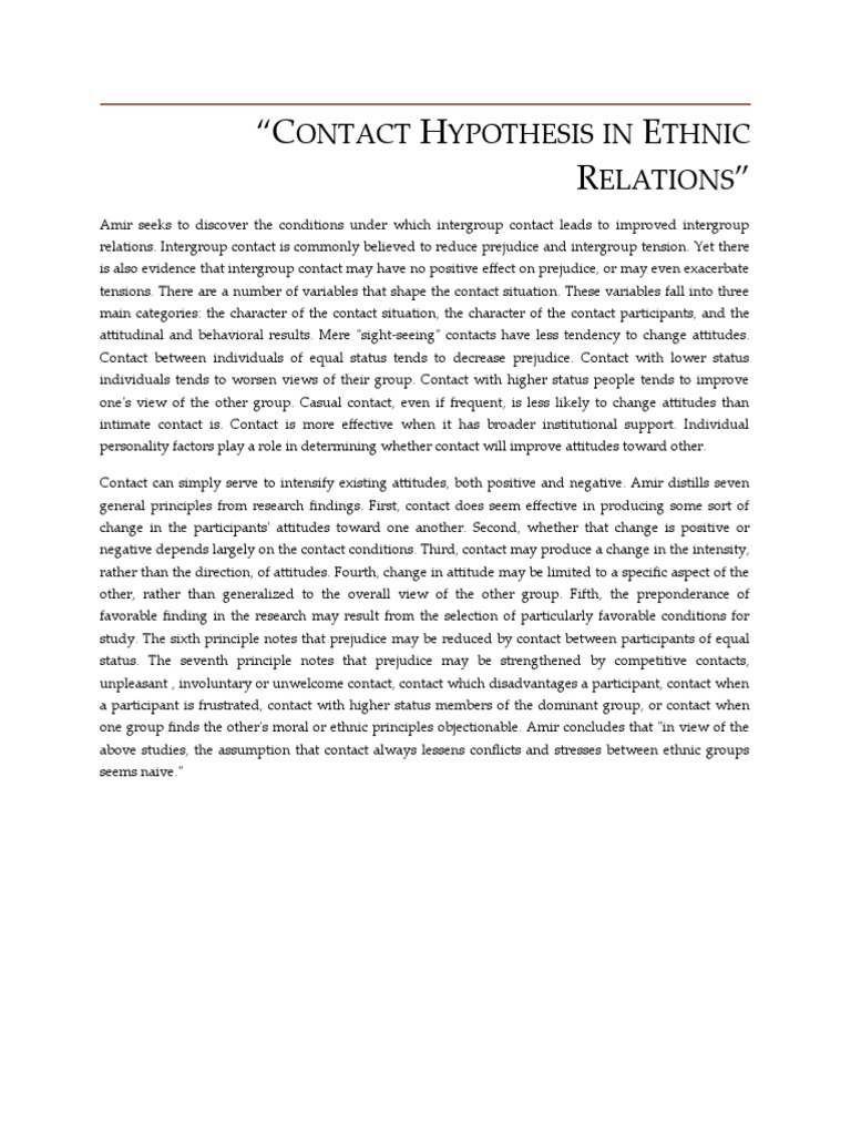 Contact Hypothesis in Ethnic Relations | PDF | Prejudices | Attitude ...