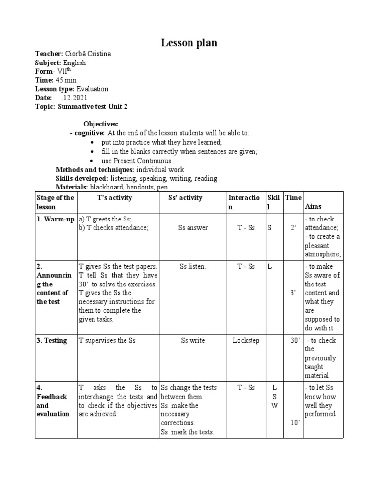 Summative Test Unit 2cl 7 | PDF | Lesson Plan | Communication