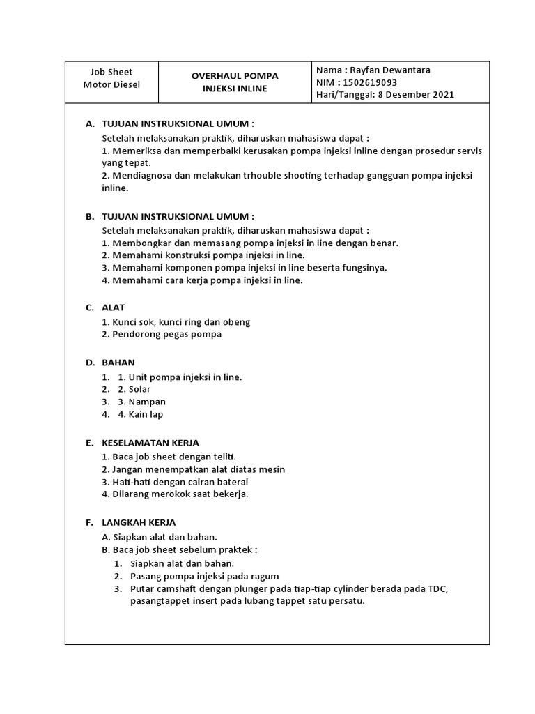 Laporan Overhaul Pompa Injeksi Inline | PDF