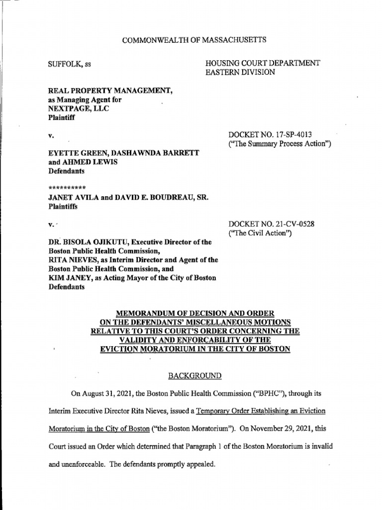 Boston Eviction Moratorium Order On Motion To Stay | PDF